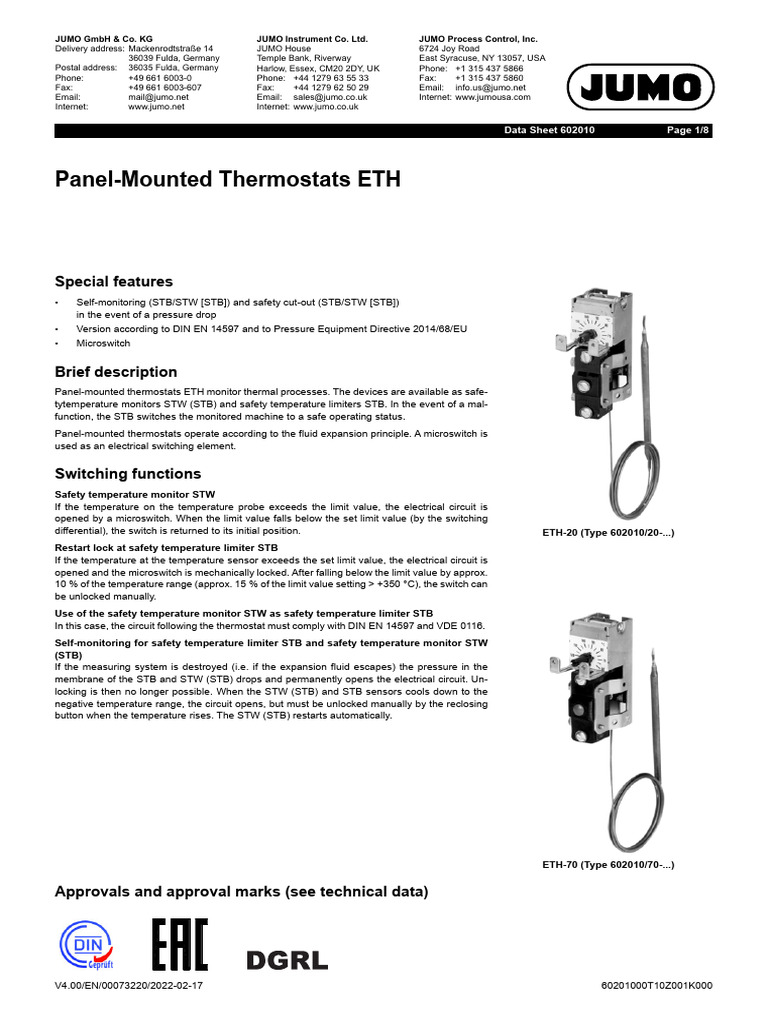 Panel-Mounted Thermostats ETH Data Sheet | PDF | Thermostat ...
