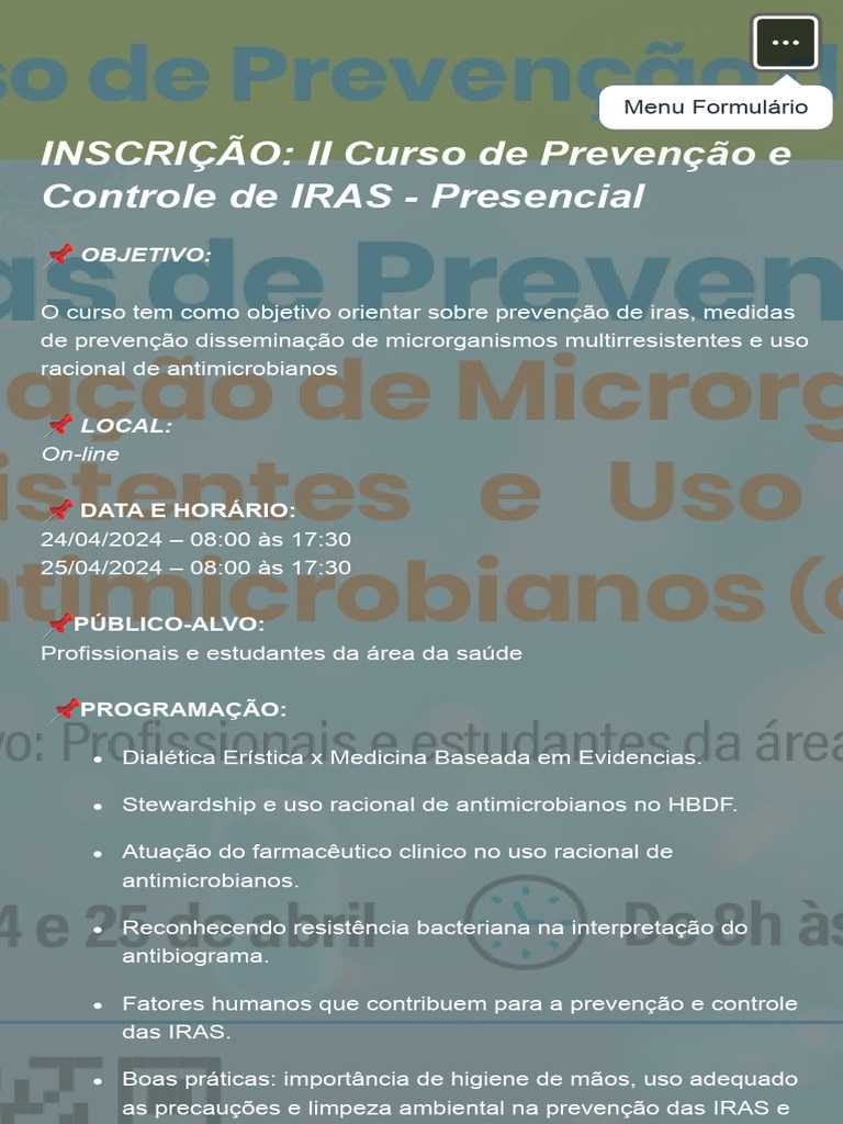 INSCRIÇÃO II Curso de Prevenção e Controle de IRAS - Presencial | PDF