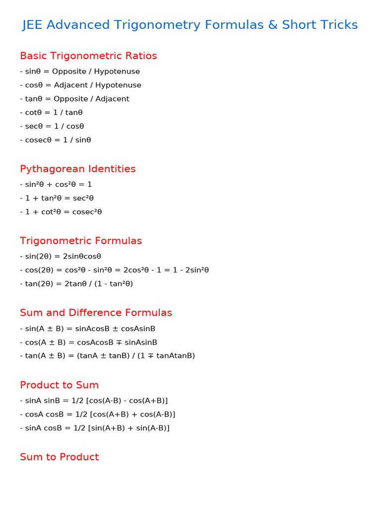 JEE Advanced Trigonometry Formulas | PDF