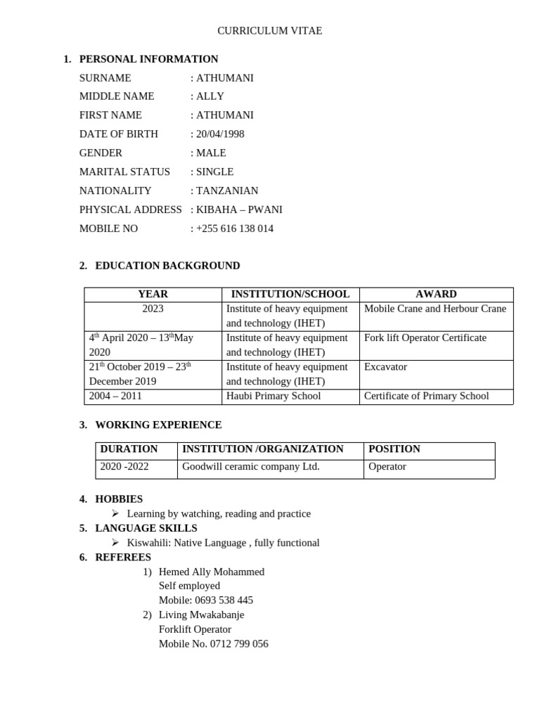 Athumani Ally CV | PDF