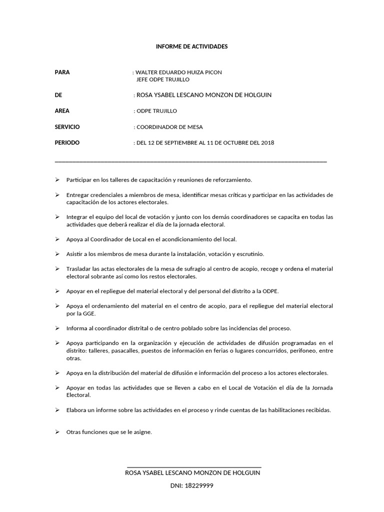 Informe de Actividades ODPE Trujillo | PDF