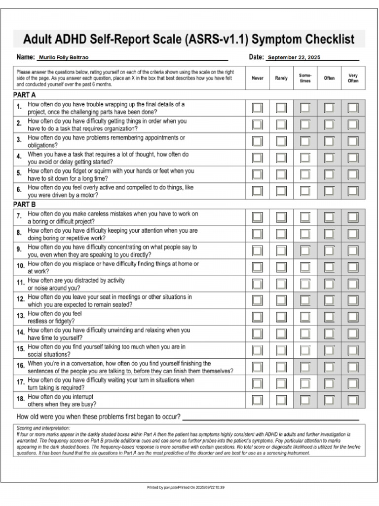 September 22 2025 Adult ADHD Self Report Scale ASRS v1 1 | PDF