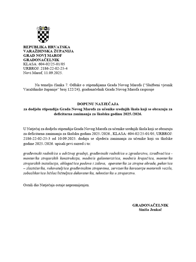 Republika Hrvatska Grad Novi Marof: Varaždinska Županija Gradonačelnik ...