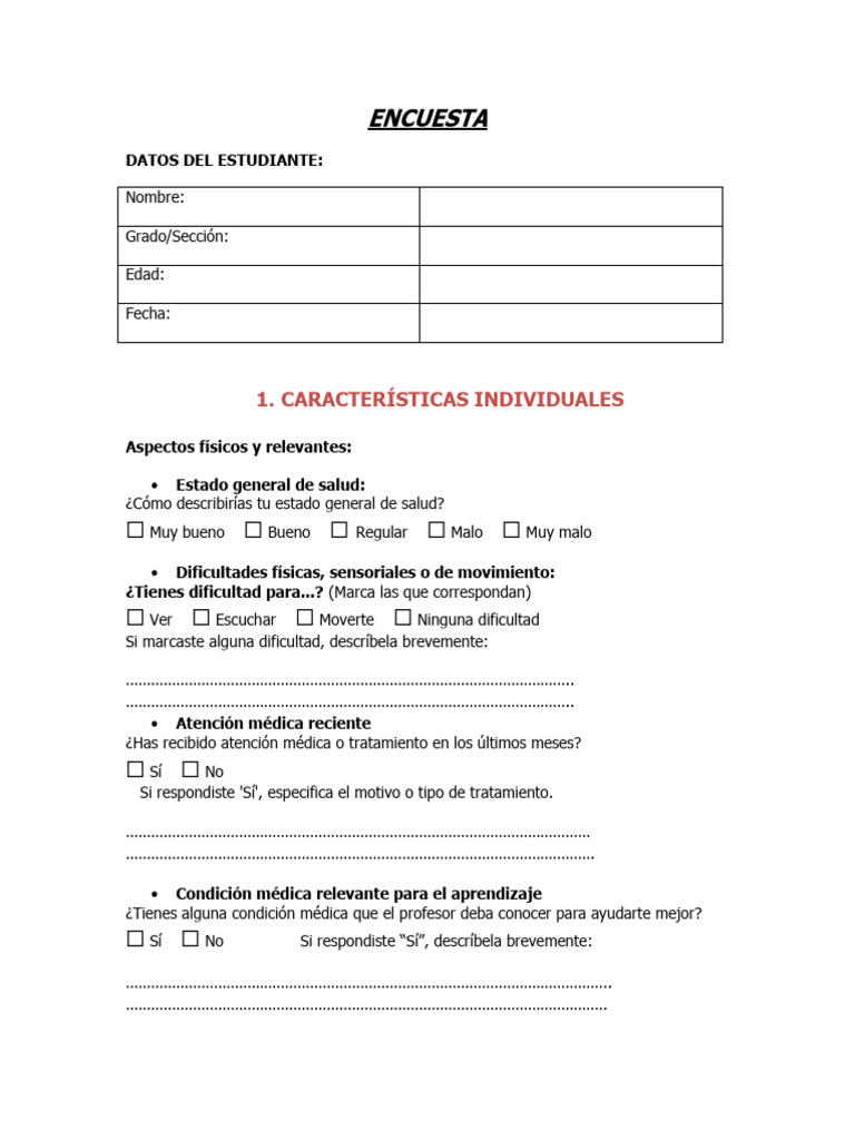 Encuesta de Características del Estudiante | PDF | Aprendizaje ...