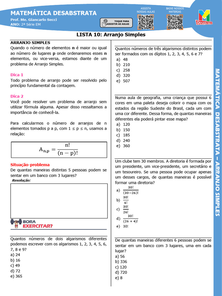Arranjo Simples: Exercícios e Soluções | PDF | Combinatória | Matemática