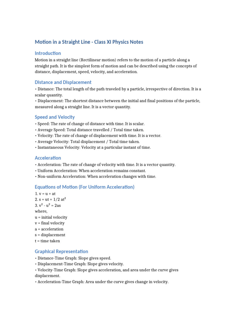 Motion in A Straight Line Notes | PDF