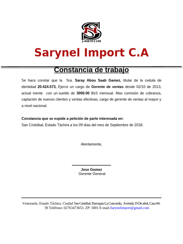 Constancia de Trabajo de Saray Abou Saab | PDF