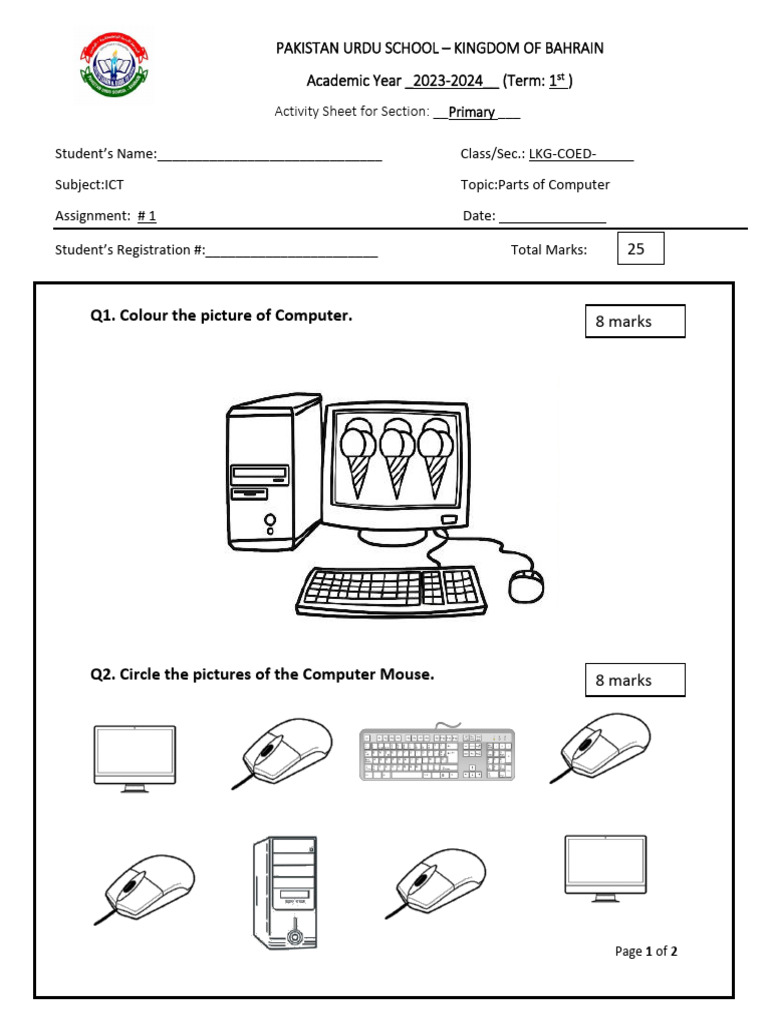ICT Activity Sheet: Parts of Computer | PDF