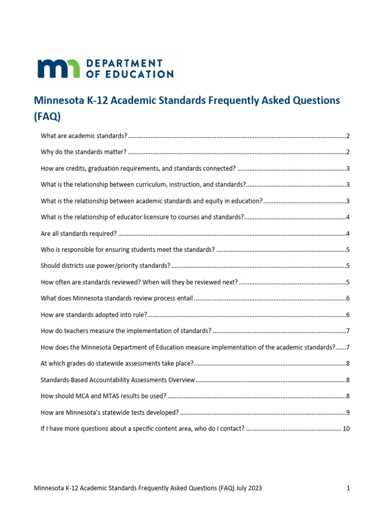 Minnesota K-12 Academic Standards FAQ | PDF | Educational Assessment ...