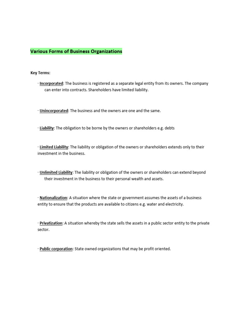 Various Forms of Business Organizations | PDF