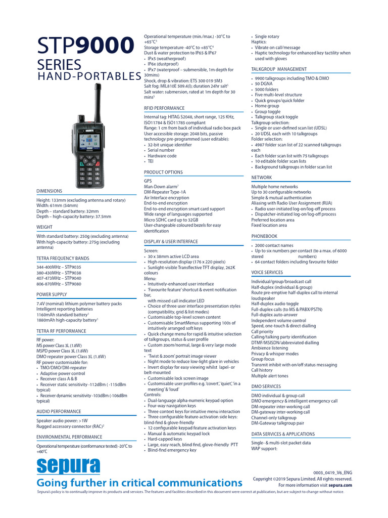 Sepura STP9000 Series Specifications | PDF | Battery Charger | Computing