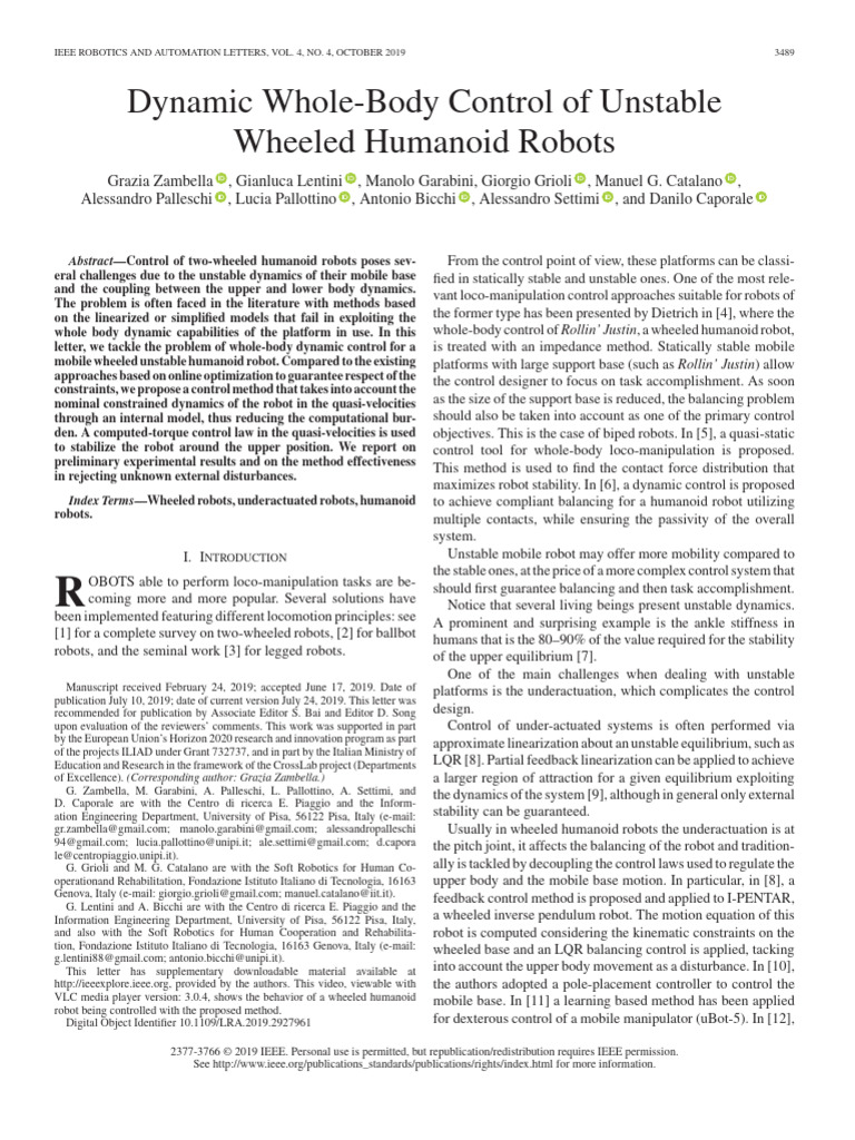 Dynamic Control of Wheeled Humanoids | PDF | Torque | Matrix (Mathematics)