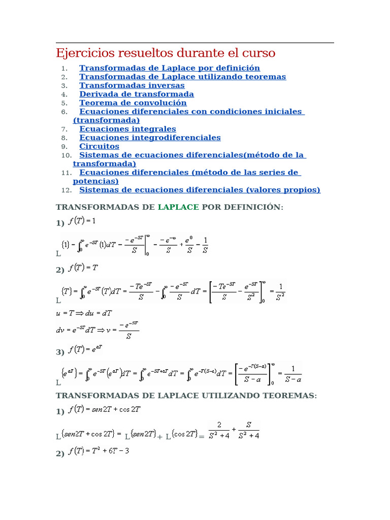 Ejercicios Transformada Laplace | PDF | Transformada de Laplace | Ecuaciones