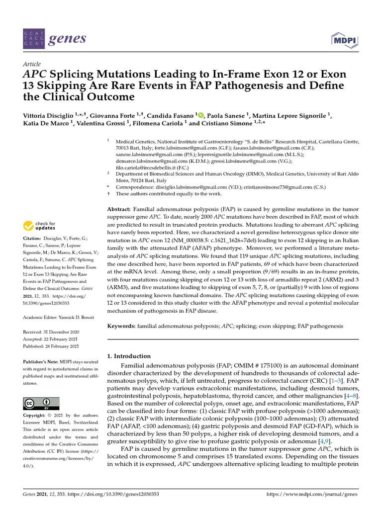 APC Splicing Mutations Leading To In-Frame Exon 12 | PDF | Diseases And ...
