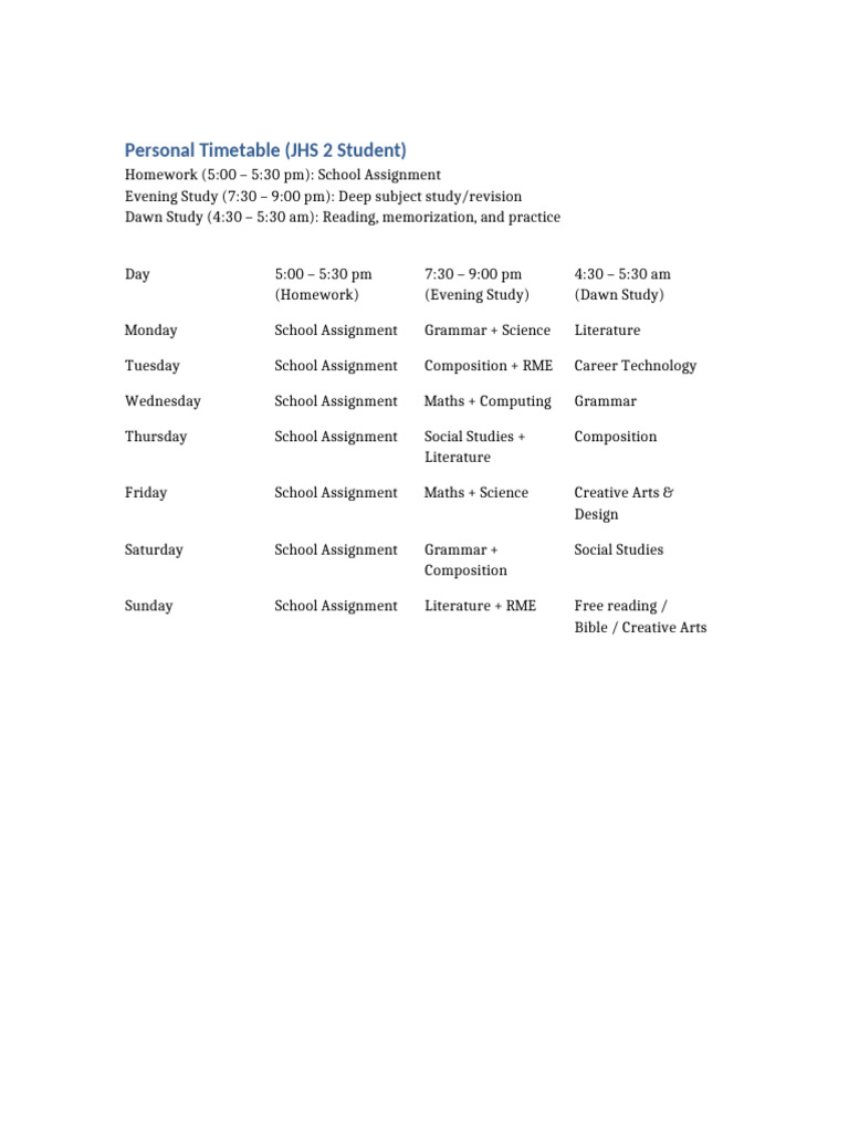 JHS2 Personal Timetable | PDF