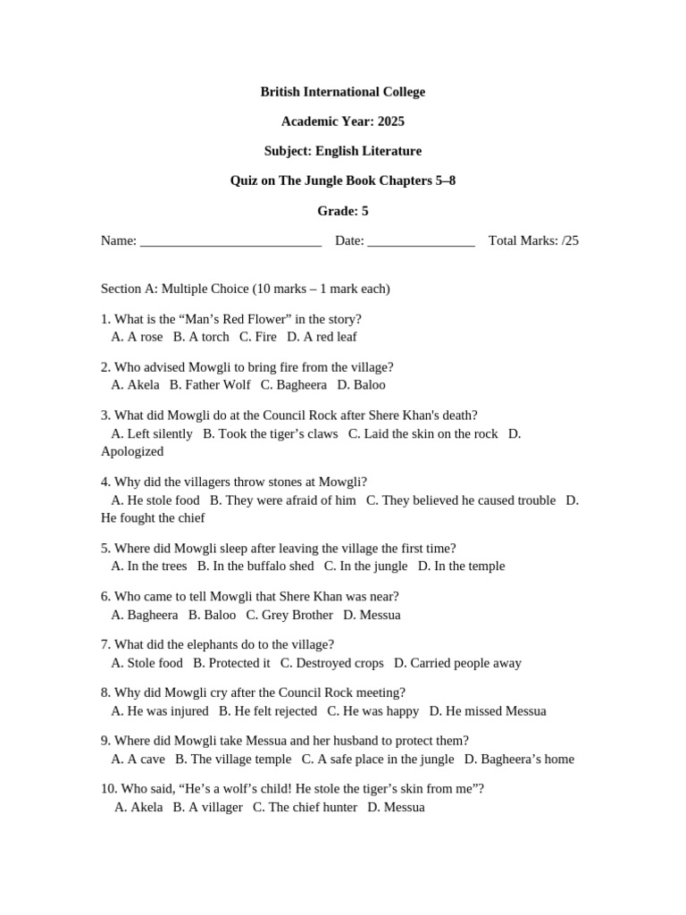 Jungle Book Quiz: Chapters 5-8 | PDF | Bagheera | Shere Khan