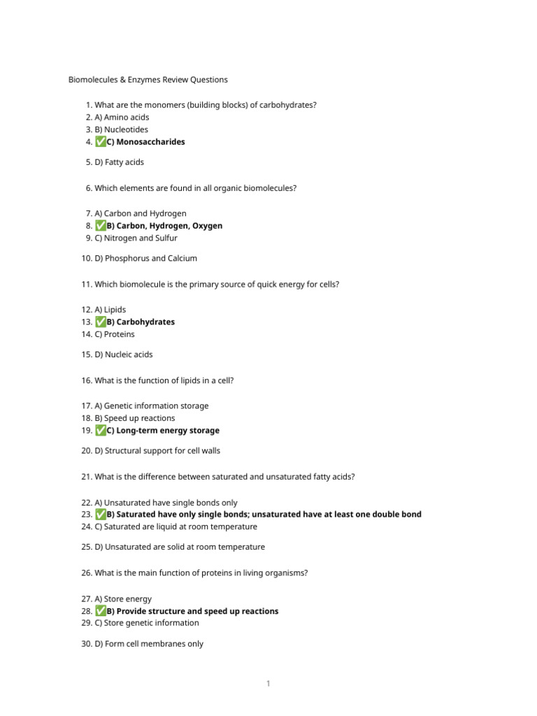 Biomolecules and Enzymes Quiz Questions | PDF | Biomolecules ...