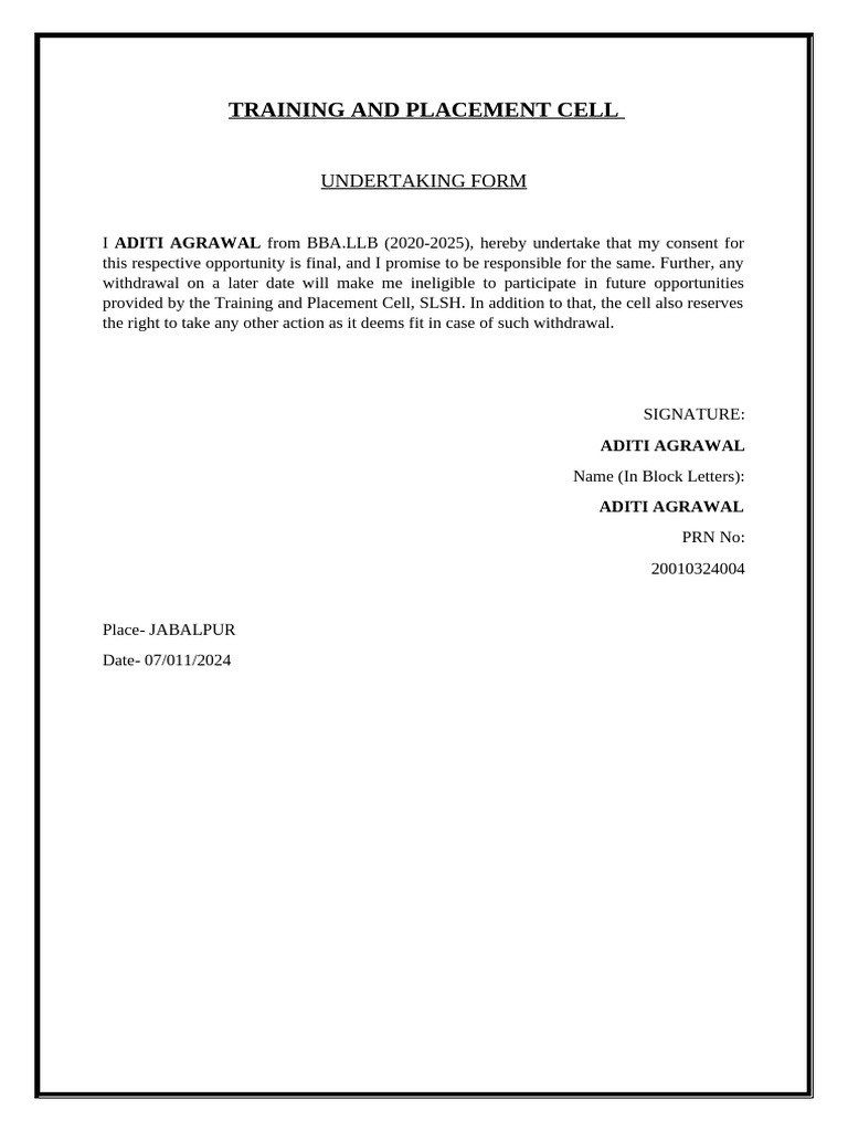Undertaking Form - T&P Cell | PDF