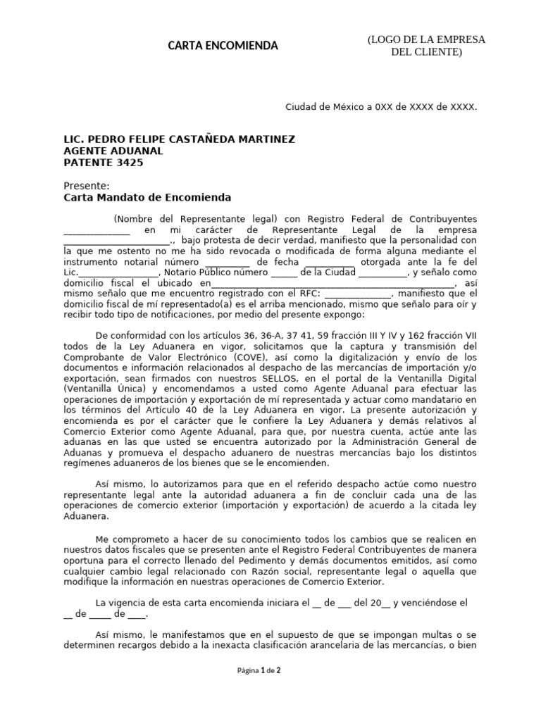 Carta Encomienda (Machote) | PDF | aduana