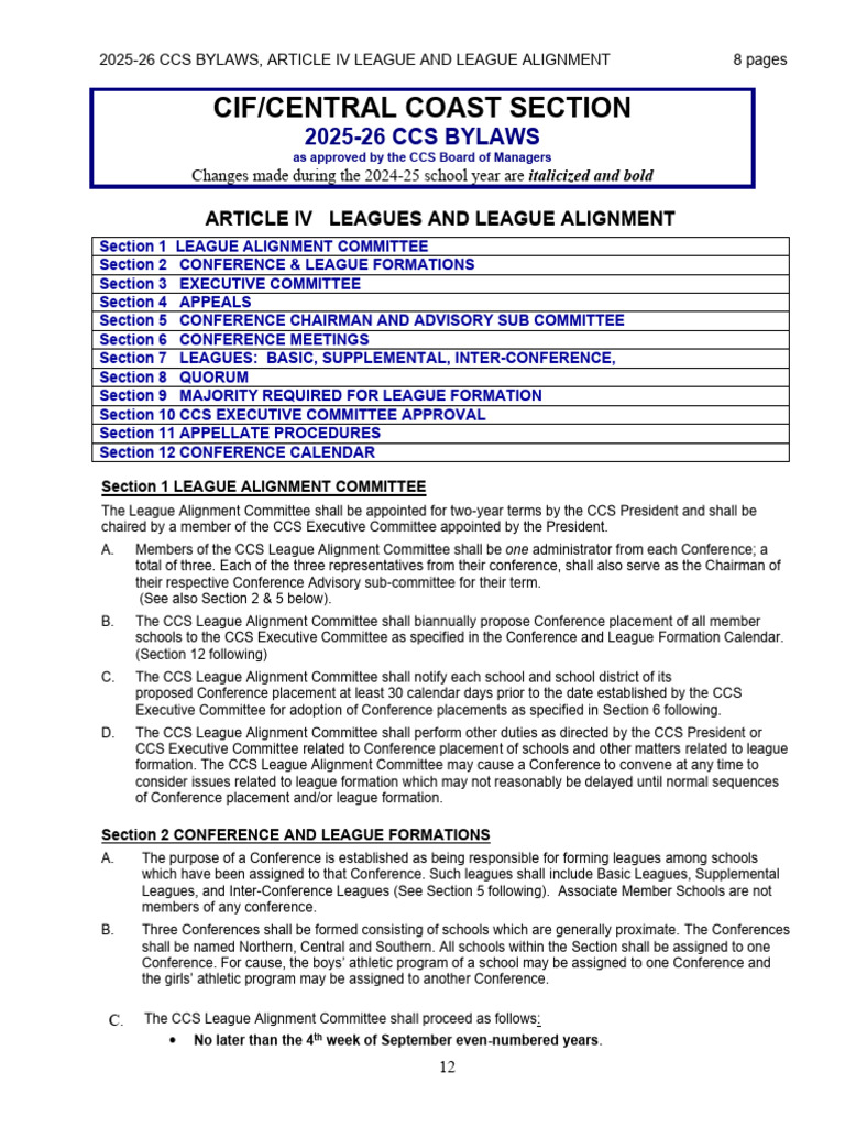 CIF CCS Bylaws and League Alignments | PDF | Committee | Board Of Directors