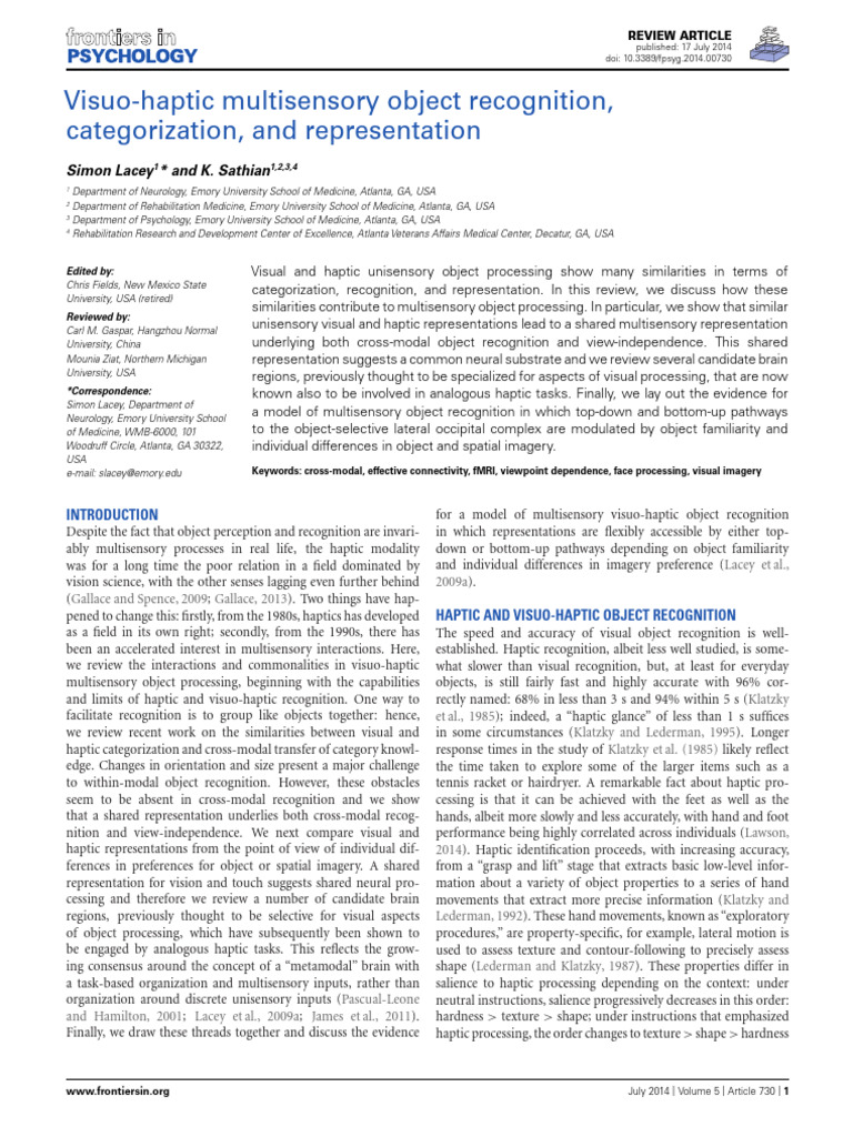 Visuo-Haptic Multisensory Object Recognition, Categorization, and Representation | PDF ...
