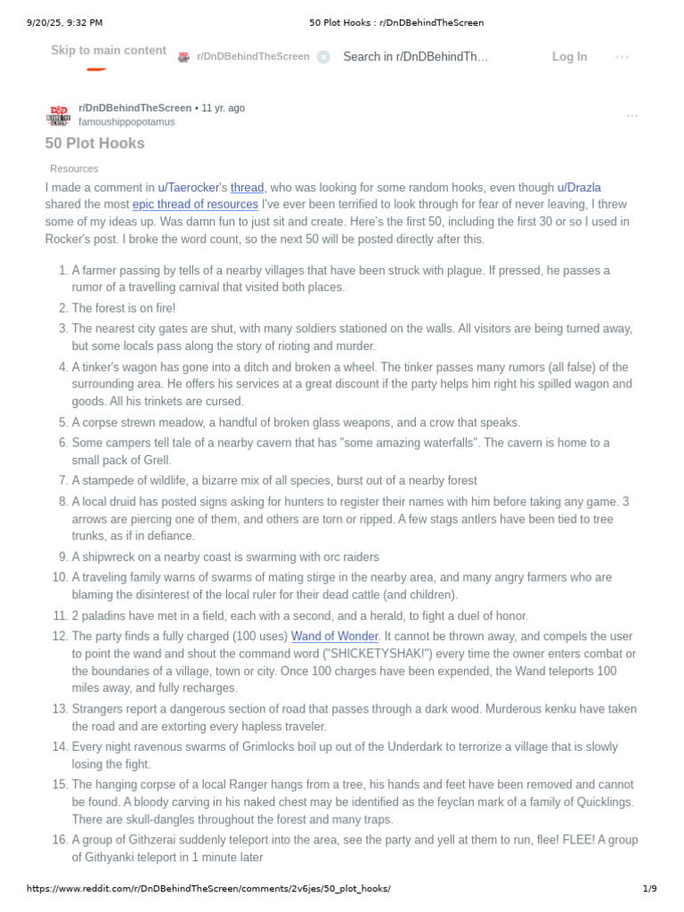 50 Plot Hooks _ R_DnDBehindTheScreen | PDF