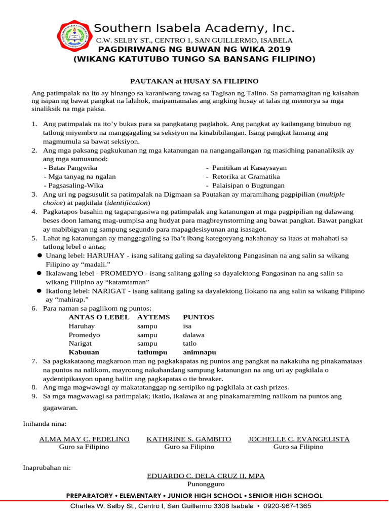 Pamantayan Sa Paghuhusga Sa Tagisan NG Talino | PDF