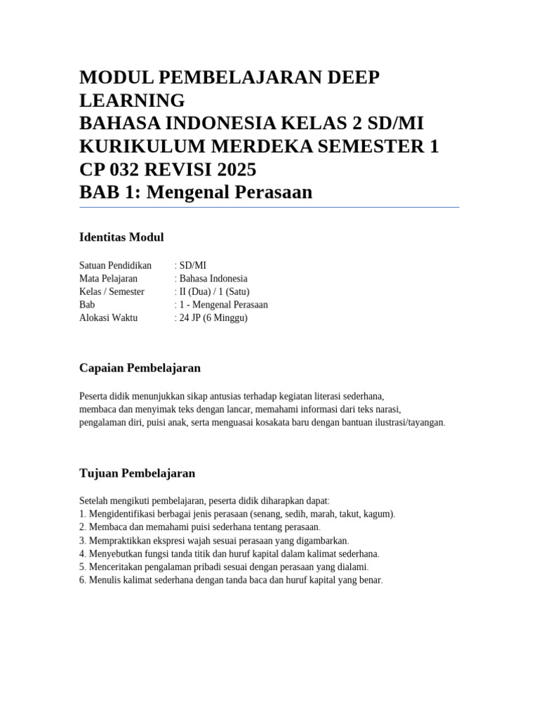 Modul DL BahasaIndonesia Kelas2 Bab1 MengenalPerasaan | PDF