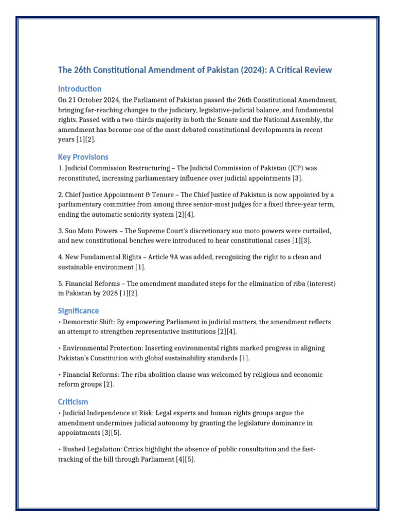 The 26th Amendment of Pakistan: Constitutional Reforms, Political ...