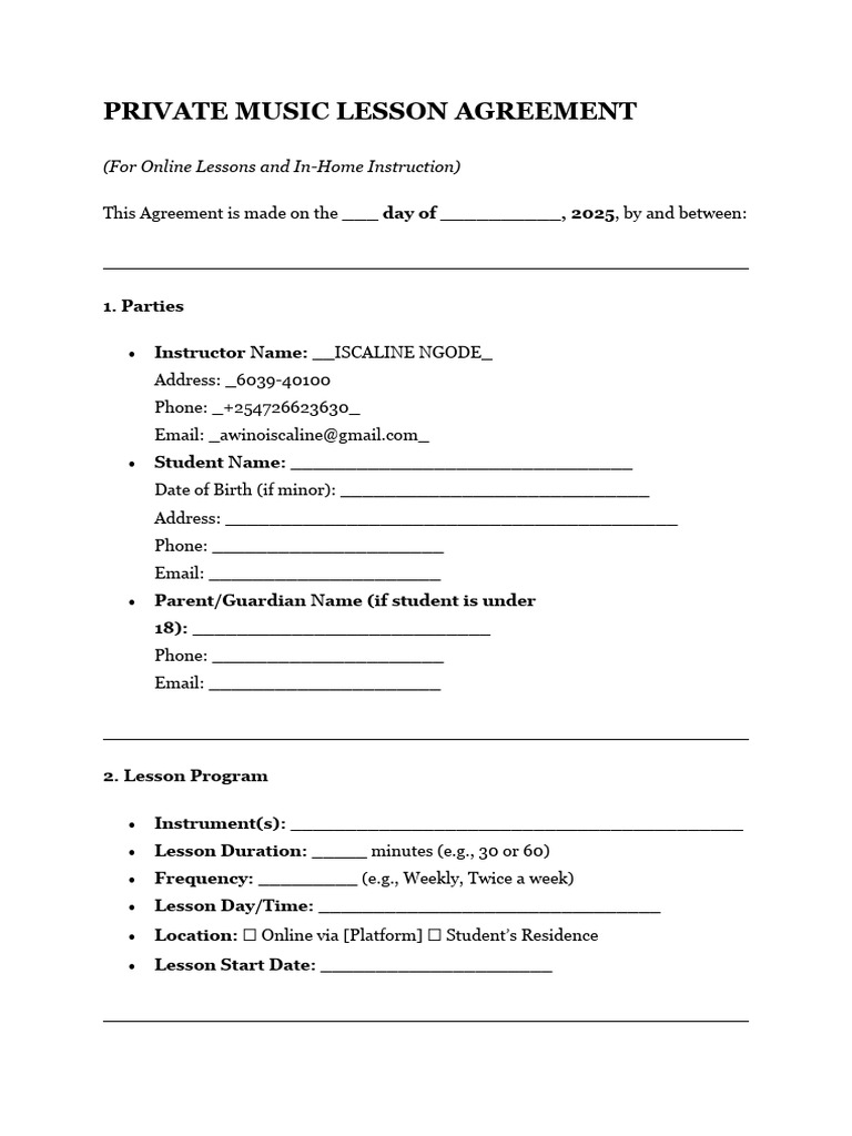 Private Music Lesson Contract Template | PDF