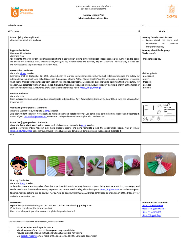 Mexican Independence Day Lesson Plan September 2025 | PDF | Mexico
