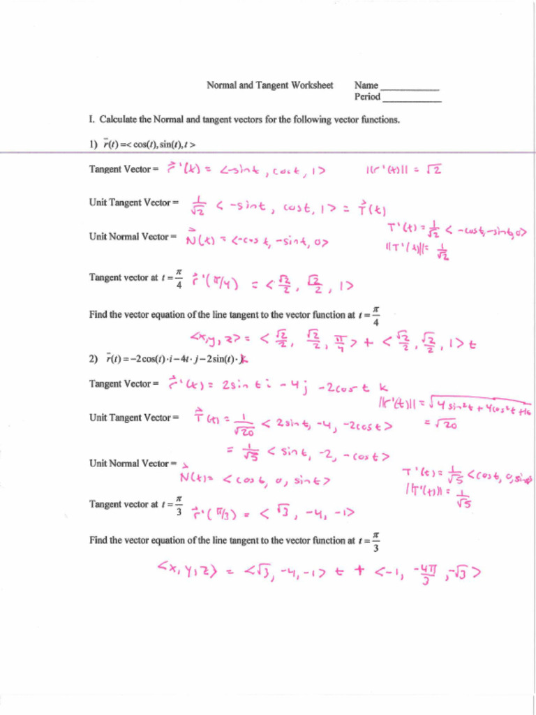 09 Normal and Tangent Worksheet Key | PDF