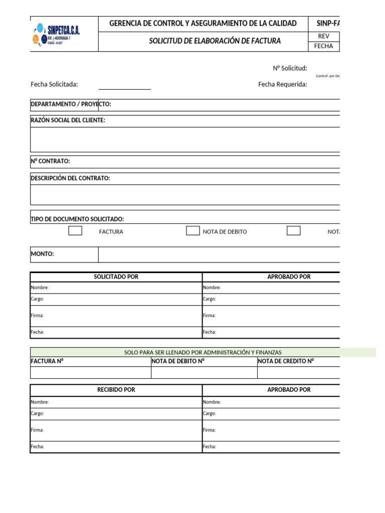 SINP-FADM-012 Solicitud de Elaboracion de Factura | PDF