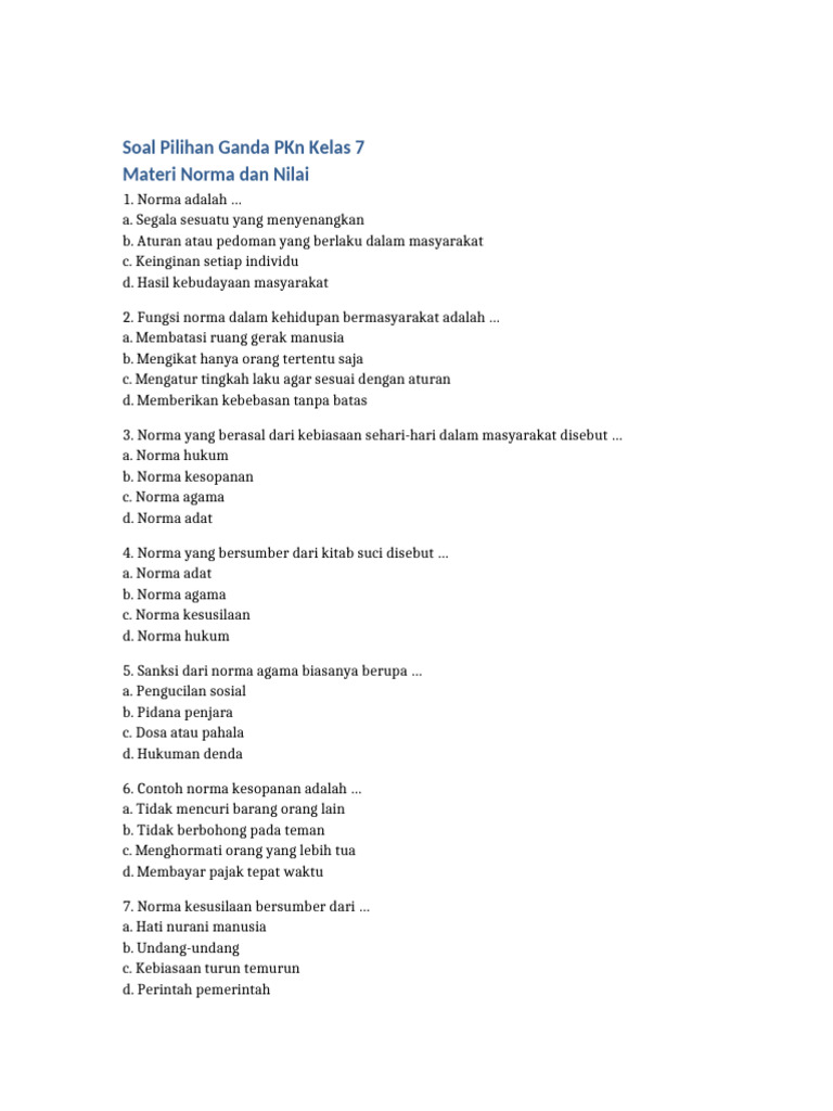 Soal PKn Kelas 7: Norma dan Nilai | PDF