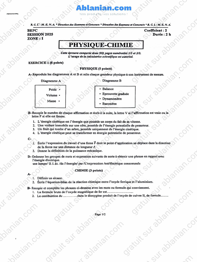 Sujet Bepc 2025 Physique Chimie Et Corrections | PDF