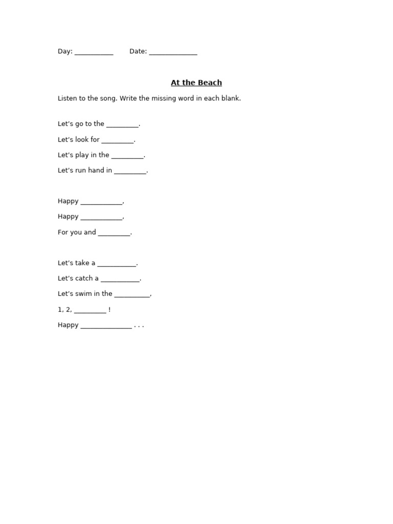 Beach Song Fill-in-the-Blank Activity | PDF