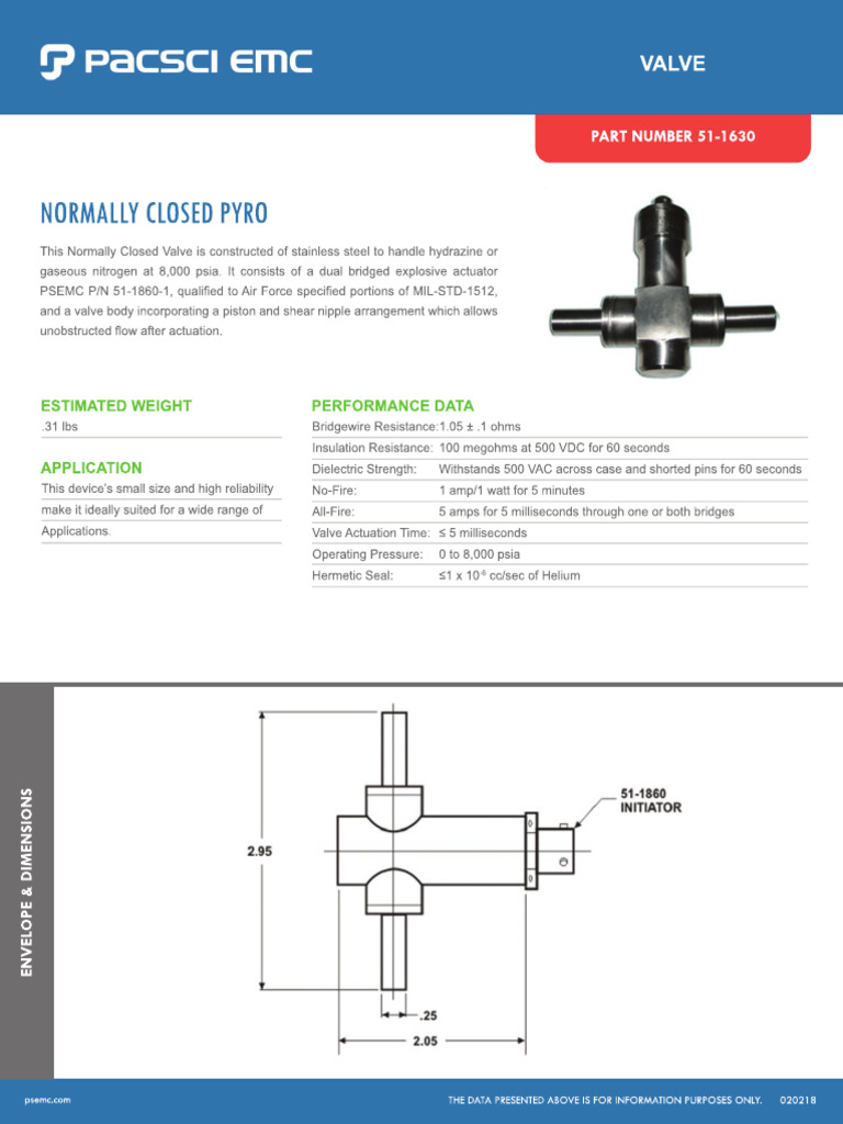 PacSci EMC Datasheet - Normally Closed Pyro Valve 51-1630 | PDF