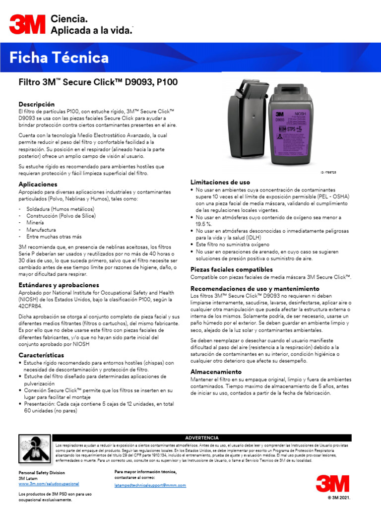 Filtro 3M™ Secure Click™ D9093 P100 | PDF | Filtración | Contaminación