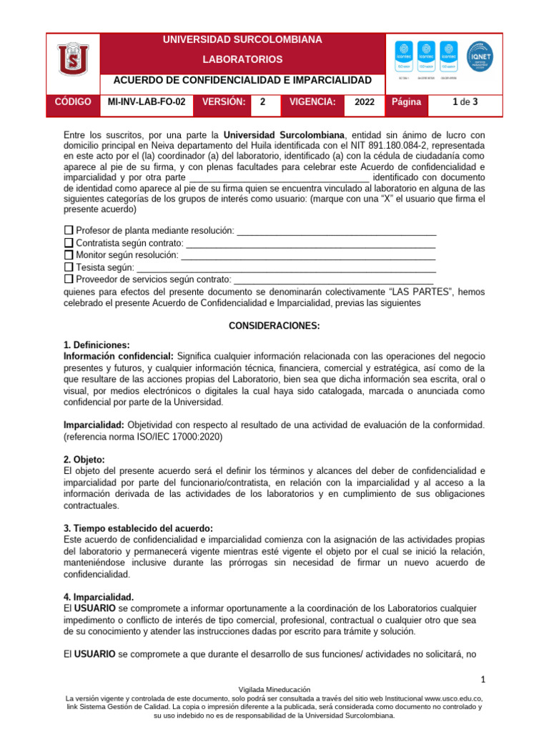 MI-INV-LAB-FO-02 ACUERDO DE CONFIDENCIALIDAD E IMPARCIALIDAD | PDF | Laboratorios | Información