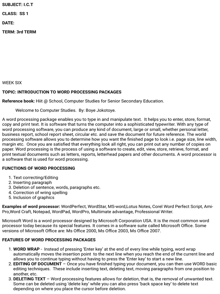 Introduction to Word Processing Packages | PDF | Word Processor ...