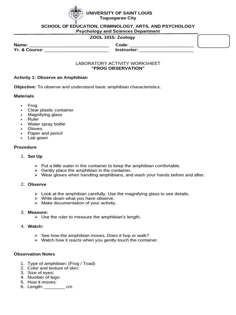 Frog Observation Laboratory Activity | PDF | Amphibian | Senses