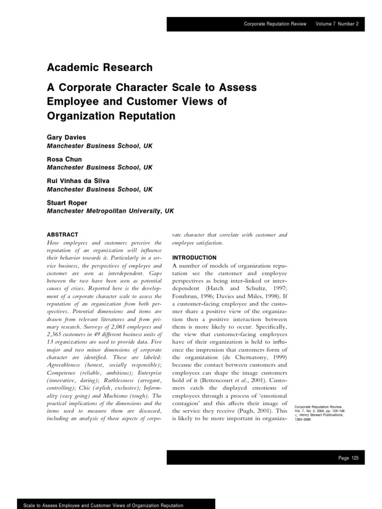 A Corporate Character Scale To Assess Views On Org. Reputation | PDF ...
