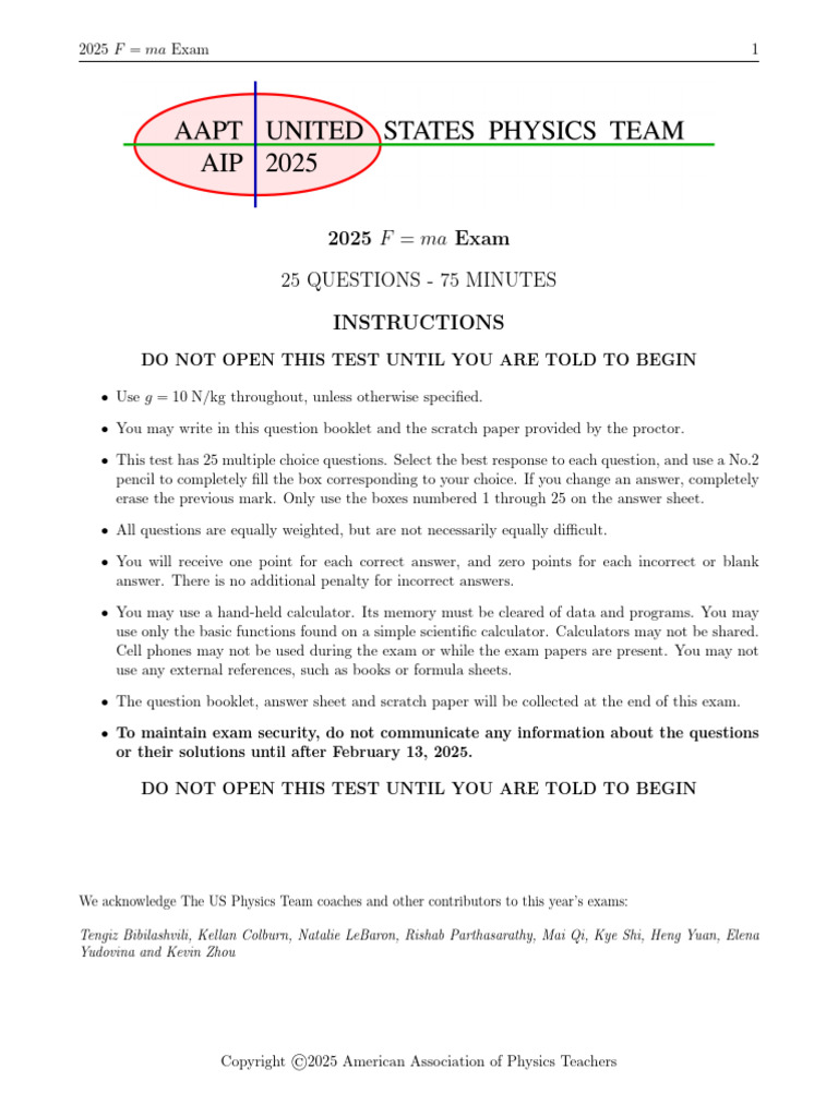 2025 F = ma Physics Exam Guide | PDF | Force | Orbit