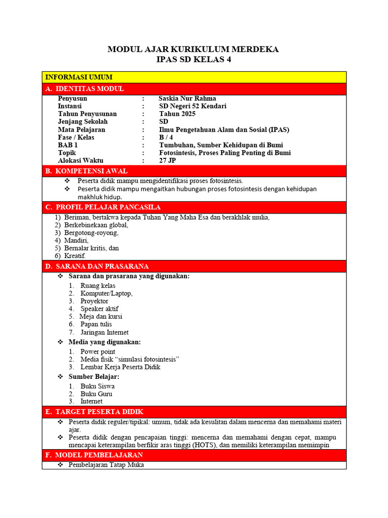 Modul IPAS Kelas 4: Fotosintesis Tumbuhan | PDF