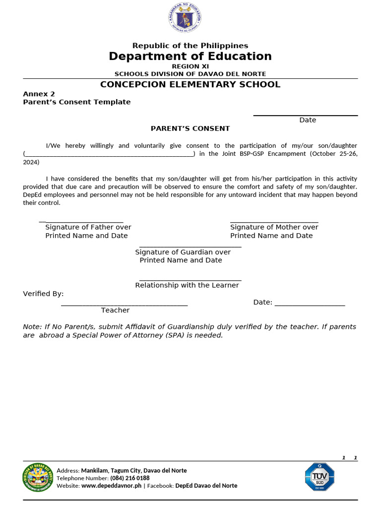 Parents Consent Form NLC | PDF