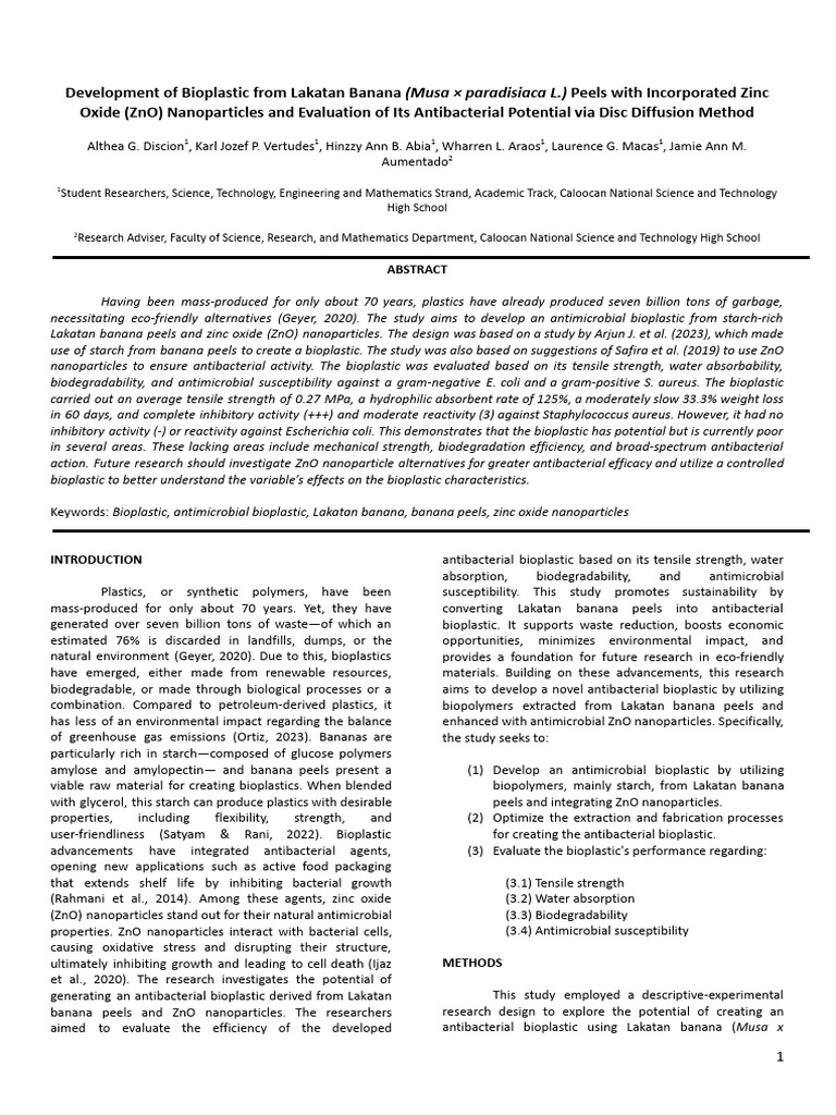 IMRaDC Paper - Development of Bioplastic from Lakatan Banana (Musa × paradisiaca L.) Peels with ...