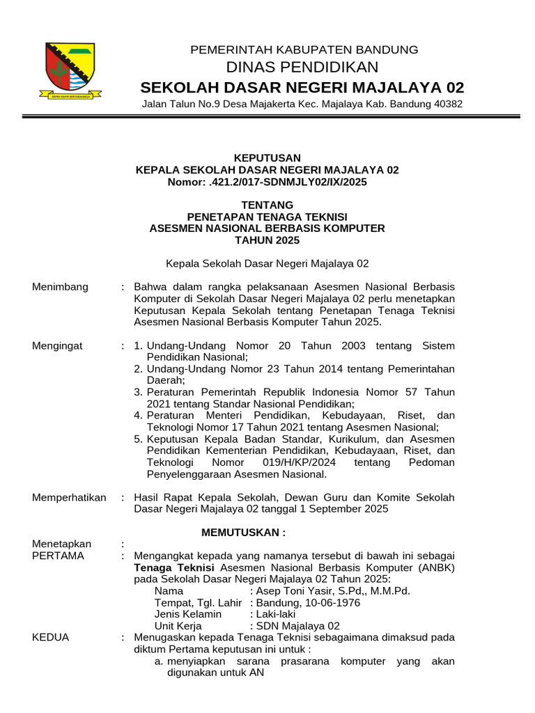 Penetapan Tenaga Teknisi ANBK 2025 | PDF