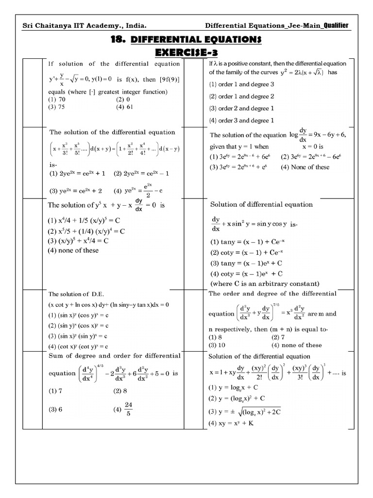 Differential Equations JEE Main Exercise | PDF