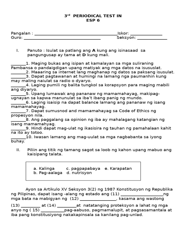 3rd PERIODICAL TEST IN ESP | PDF