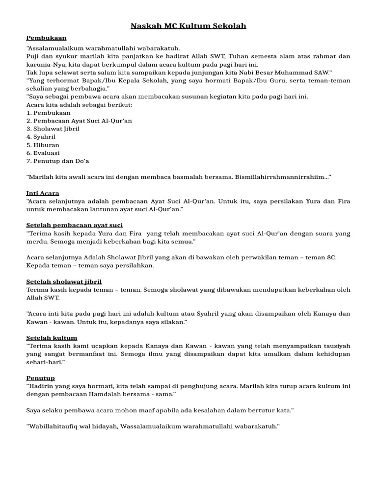 Naskah MC Kultum Sekolah | PDF